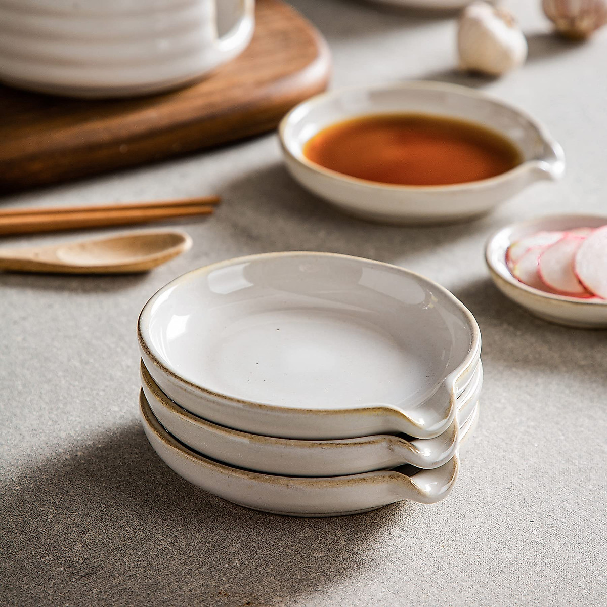 Ceramic Spoon Rest,Spoon Holder,Soy Sauce Dishes with Holder for Kitchen,Household Dipping Sauce Dishes Set, Side Dishes,LIUCUON Kitchen Basics,Set of 4 Kitchen Accessories For Utensils (cream)