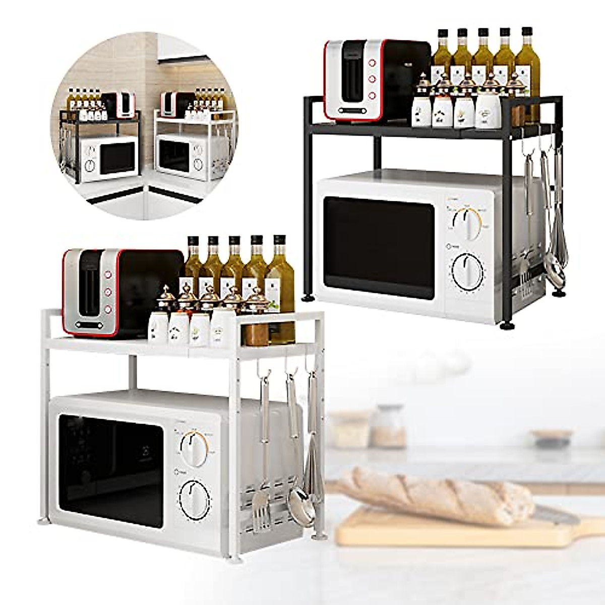 TBVECHI Microwave Oven Rack, 2 Tier Stainless Steel Microwave Stove Expandable Microwave Shelf Space-Saving Shelf and Organiser for Kitchen Worktops with 3 Hooks (White) (2 Tier White)