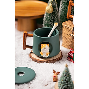DIHOclub Adorable 3D Ceramic Cat Mug with Lid and Spoon - Perfect for Coffee, Tea, Milk, and More - Ideal Gift for Animal Lovers - 14 Ounces (Green)