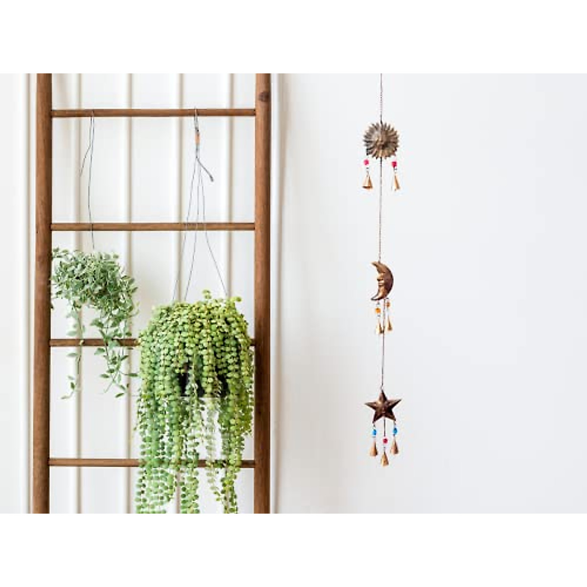 Mie Creations Sun Moon Star Face Wall Hanging Décor Chime Bells | Metal Cutouts Ornaments, Crescent Moon Phases Garland Art | Celestial, Earthy Decorations | Wicca Pagan Christmas Décor -Antique Gold