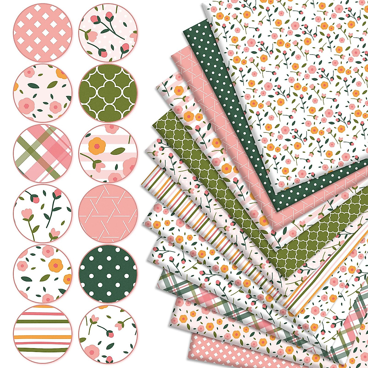 JarThenaAMCS 12Pcs Cotton Fabric Bundles Pink Green Floral Gingham Stripe Dot Fat Quarters Retro Quilting Patchwork for Spring DIY Craft Home Party Decor, 18 x 22 Inch