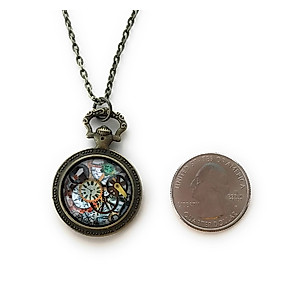 Steampunk Necklace | Colorful Gear Image Cabochon Pocket Watch Pendant Setting - Handmade Jewelry