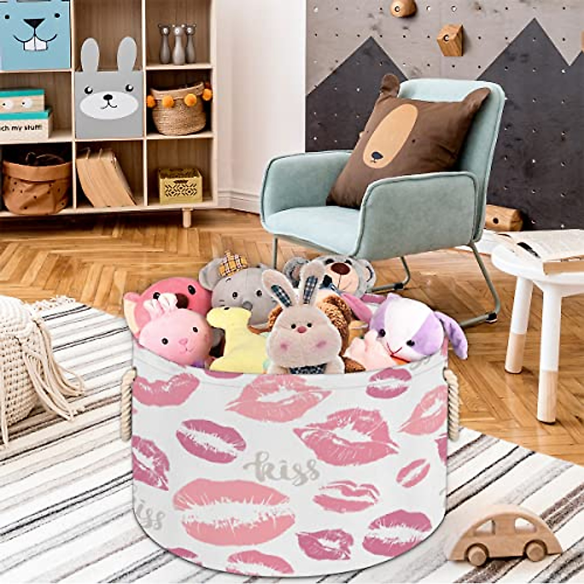 Kiss Print Large Round Baskets for Storage Laundry Baskets with Handles Blanket Storage Basket for Bathroom Shelves Bins for Organizing Nursery Hamper Girl Boy