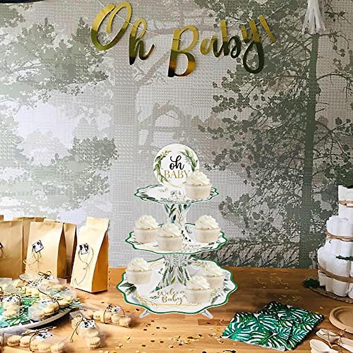 Oh Baby Sage Green Baby Shower Cupcake Stand for Boy and Girl Baby Shower Welcome Baby Gender Reveal Birthday Party Supplies Decorations
