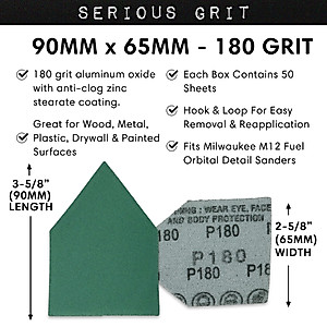 Serious Grit - 180 Grit 90mm x 65mm Triangle Sanding Sheets - Fits Milwaukee M12 Fuel Sanders - Heavy-Duty Hook & Loop Film Sandpaper Pads for Orbital Detail Sanders - 50 Pack Box