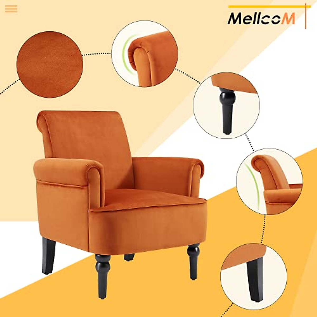 MELLCOM Modern Lounge Accent Chair, Comfy Velvet Fabric Armchair with Gourd Leg, Upholstered Chairs for Living Room, Reading Room, Bedroom, Orange