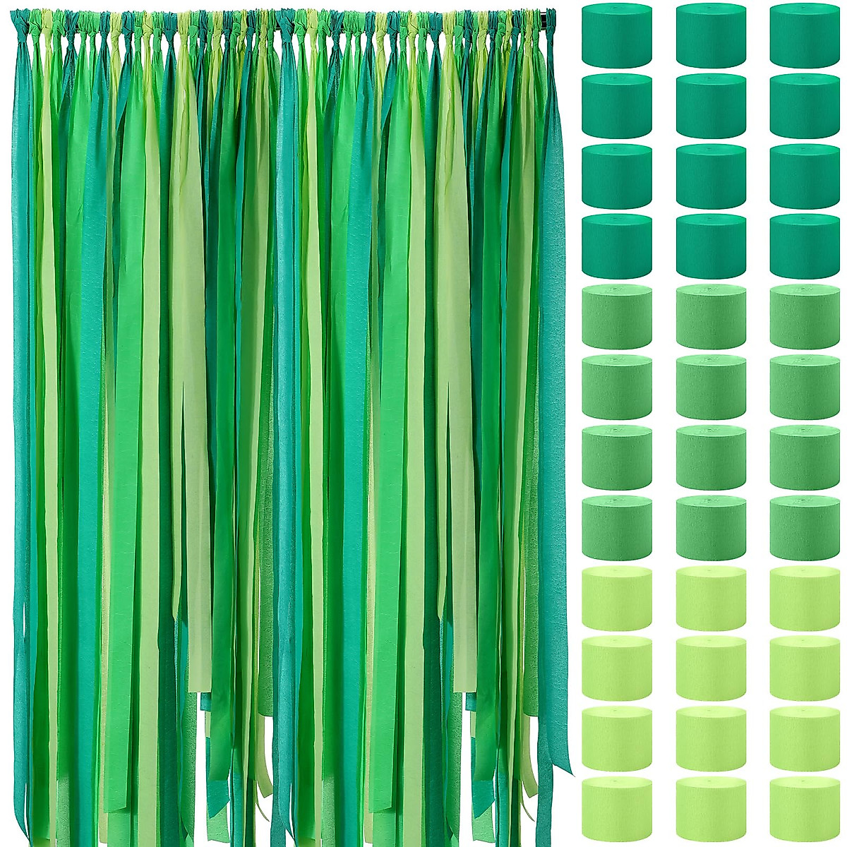 36 Rolls Jungle Safari Green Crepe Paper Streamers Hanging Party Streamers for Garden Theme Party Baby Shower Luau Hawaii Woodland Irish Lucky Day Birthday Backdrop Decoration, 1.8 Inch x 82 Ft/Roll