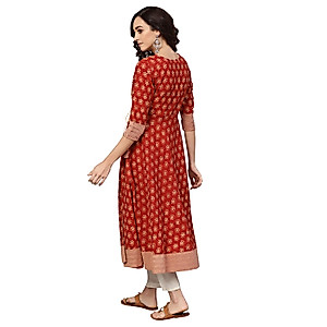 Yash Gallery Women's Cotton Slub Floral Print Angrakha Kurtis (Rustic Brown)