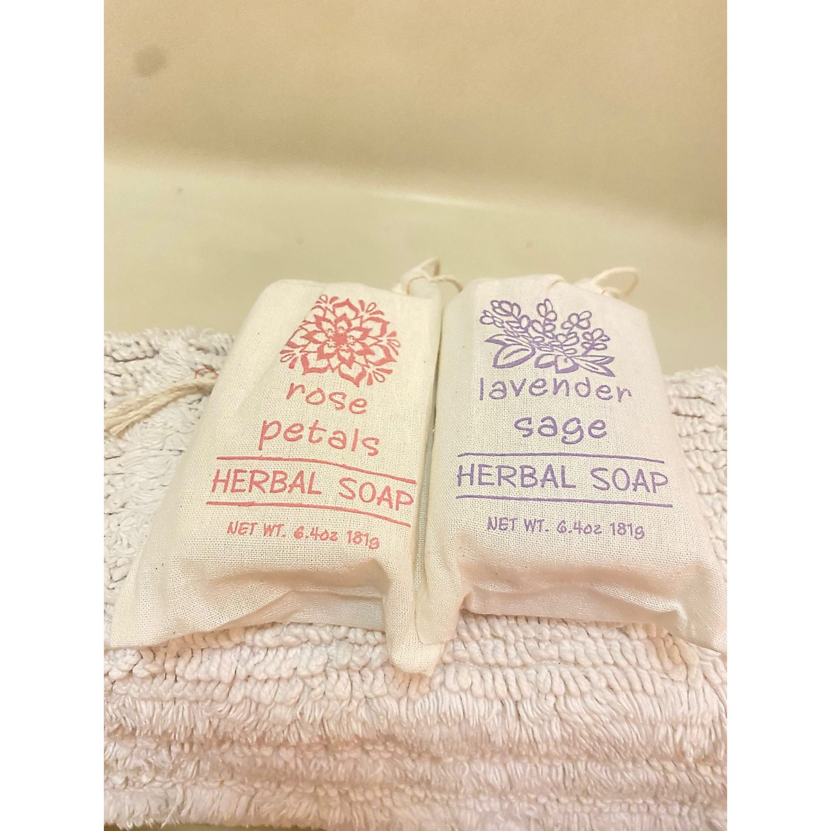 Greenwich Bay Trading Set of 2 Herbal Soaps - Each Individually Wrapped in a Drawstring Cloth Sack - Enriched with Shea Butter & Virgin Olive Oil and Infused with Fresh Botanical Scents - 6.4 Oz Each (Lavender Sage & Rose Petal)