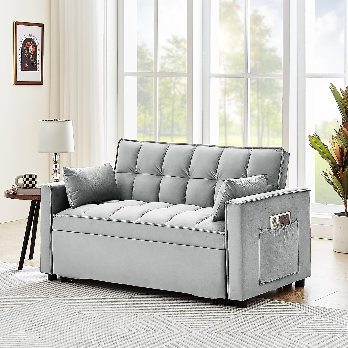 55 Inch Velvet Convertible Sleeper Sofa Bed, 3 in 1 Futon Sofa Couch with Pull-out Bed, Modern Love Seat Sleeper with Adjustable Backrest, 2 Pillows and Side Pockets for Living Room (Velvet Gray)