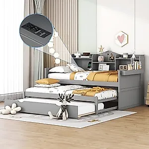 Bellemave Twin XL Daybed Captain Bed with 2 Twin Trundles and Storage Shelf Wooden Day Bed with USB Charging Ports for Kids, Boys and Girls No Box Spring Needed (Grey)