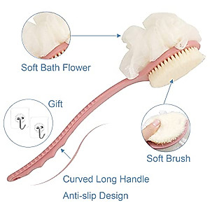 2 Pack Body Brush Back Scrubber for Shower Bath Back Scrubber with Soft Loofah and Bristles Back Scrubber Bath Mesh Sponge with Curved Long Handle Suitable for Wet or Dry, Women and Men (2PACK Set)