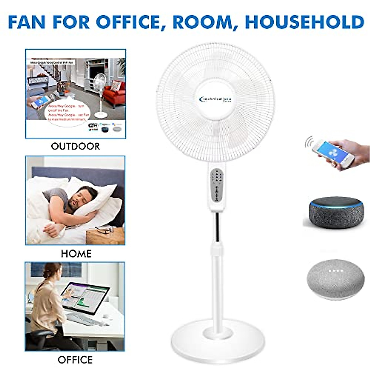 Technical Pro Smart Oscillating Pedestal Fan, 3 Speed Portable 16” WIFI Enabled Standing Fan w Adjustable Height, 270 Degree Oscillation, Tilting, Timer & Sleep mode compatible w/Alexa/Google (White)
