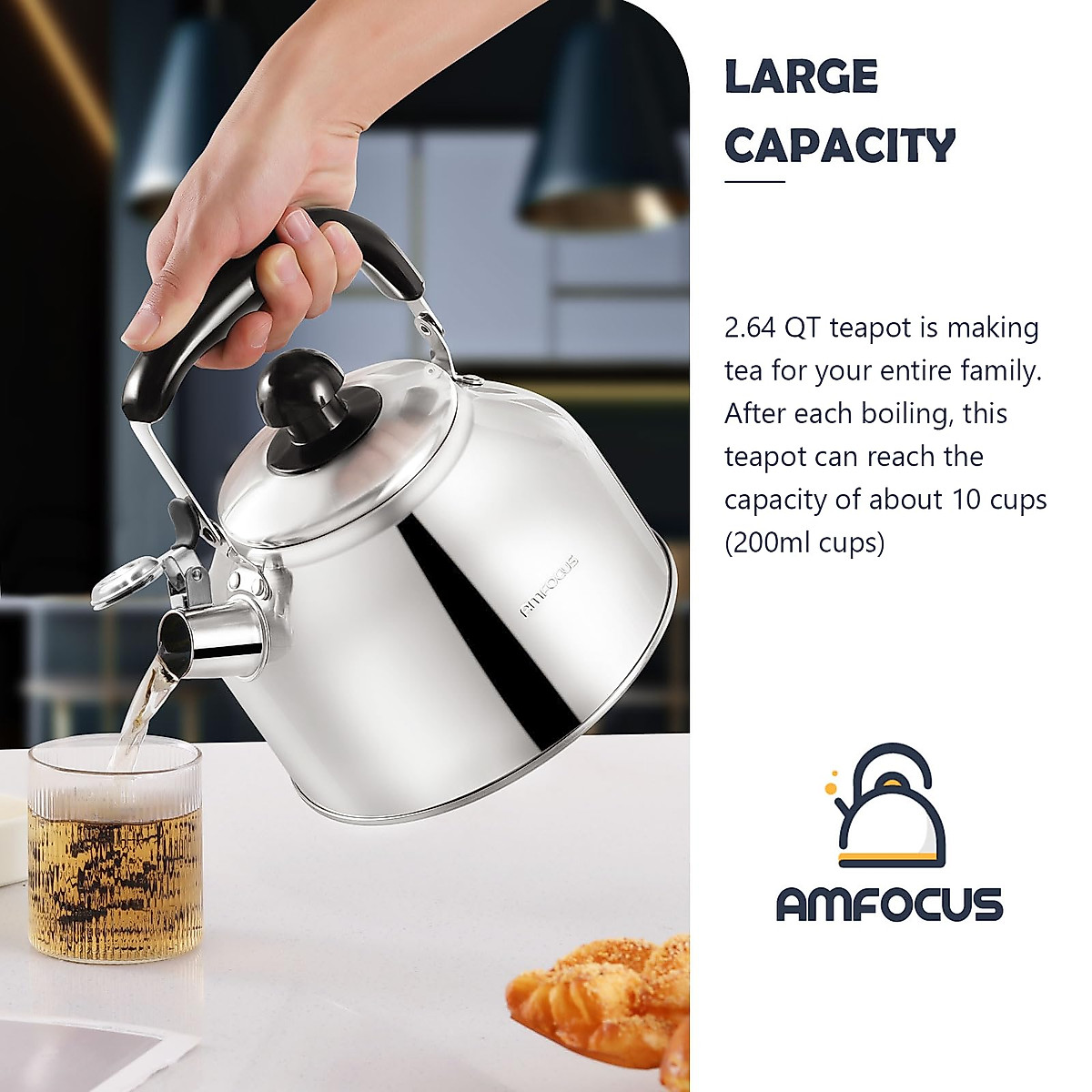 AMFOCUS Tea Kettle Stovetop, Whistling Tea Kettle Pots for Stove Top, 2.64 QT Food Grade Stainless Steel Teakettle Teapot with Cool Grip Folding Handle, Hot Water boiler for Tea, Milk, Coffee