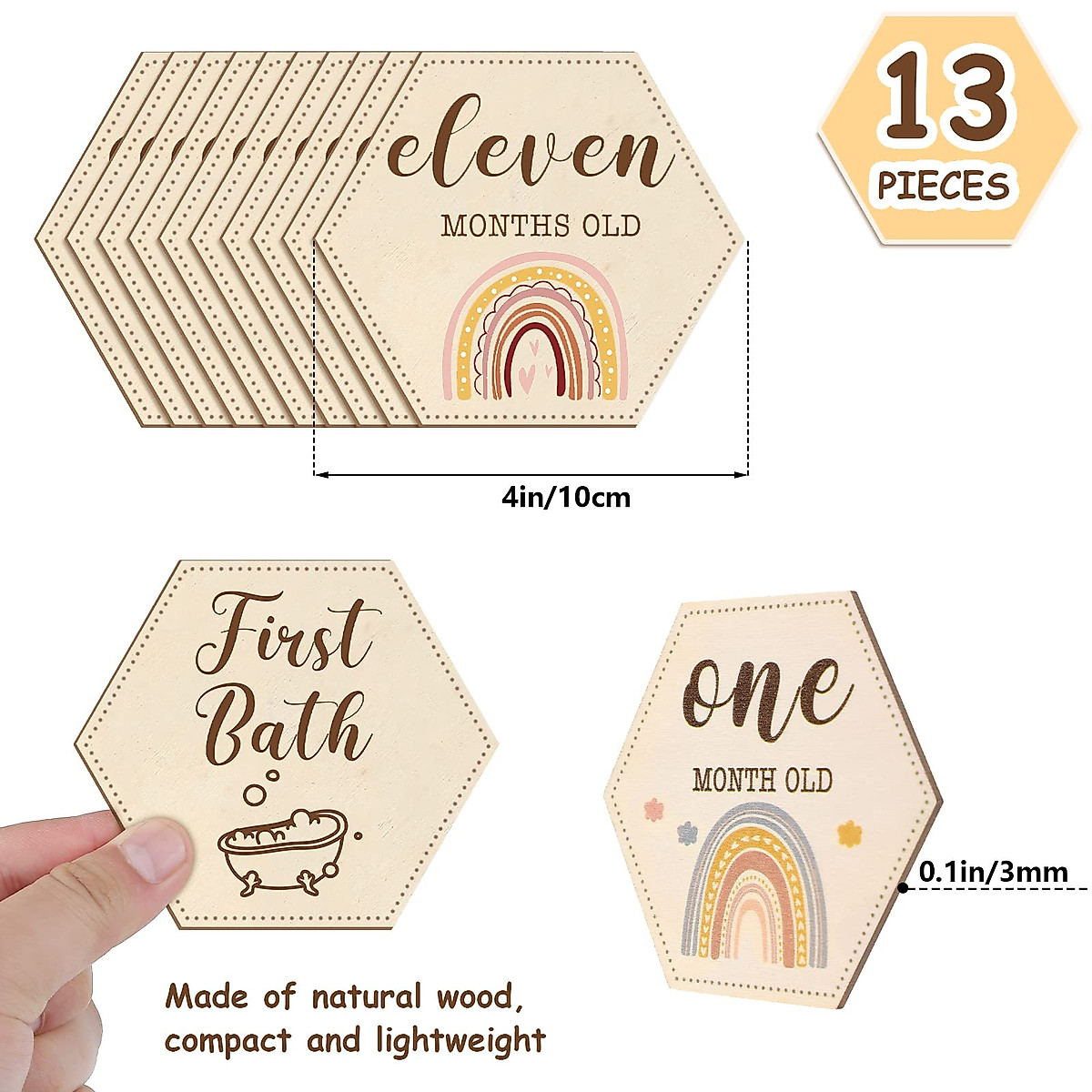 13 Pcs Wooden Baby Shower Milestone Blocks Cards Wood Baby Shower Month Signs Discs Boho Double Side Print Marker Gift Photo Prop Disc Set Birth Announcement for Baby Shower Newborn(Rainbow)