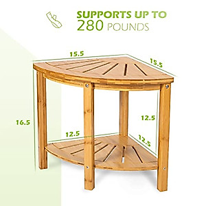 OasisCraft Corner Shower Bench Bamboo Shower Stool for Inside Shower Corner Shelf Shower Seat Bathroom Spa Stool with Shelf