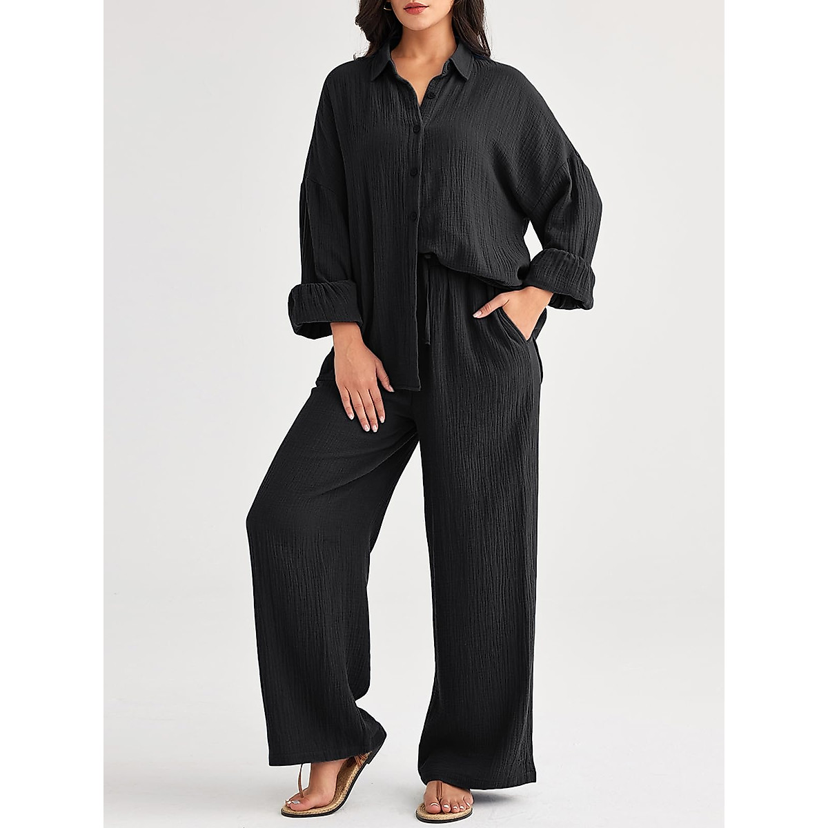 AUTOMET Womens 2 Piece Fall Outfits 2023 Fashion Clothes Lounge Wide Leg Pants Sets Matching Linen Palazzo Two Piece Sweatsuit Tracksuit, Black
