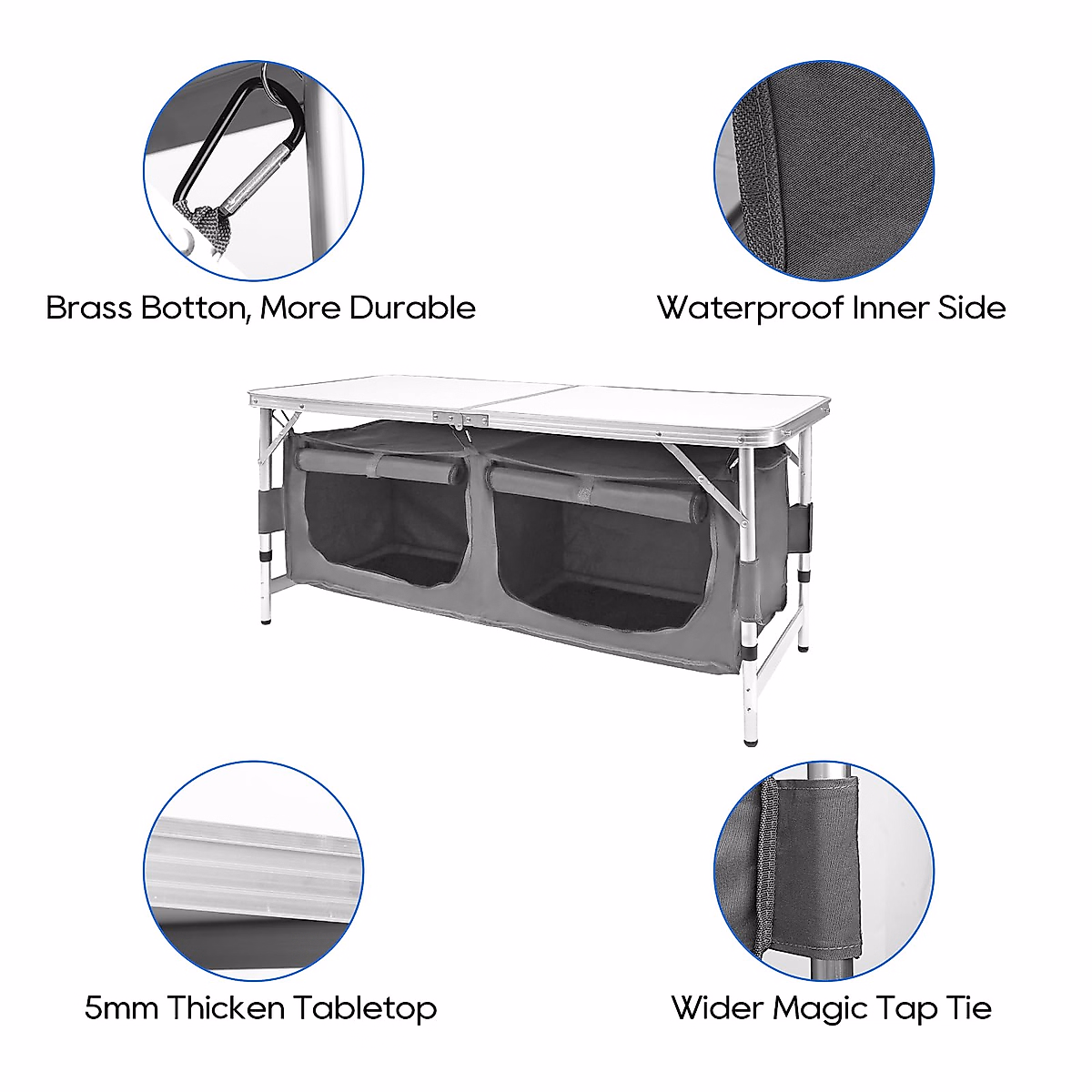 Moosinily Folding Camping Table 4 Ft Foldable Picnic Table 3 Height Adjustable Portable Camp Kitchen with Oxford Storage Outdoor White 47.2×18.5 inch