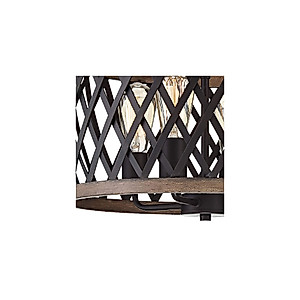 Franklin Iron Works Trey Farmhouse Rustic Close to Ceiling Light Semi Flush Mount Fixture 16" Wide 4-Light Bronze Woodgrain Drum Shade for Bedroom Hallway Living Room Dining Room Bathroom Kitchen