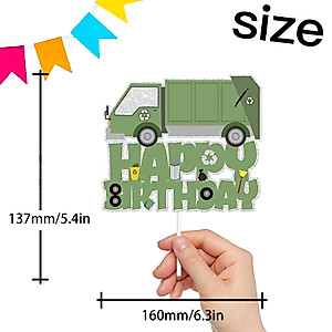 Green Glitter Garbage Truck One Cake Topper and 6PCS Dessert Cupcake Trash Cans Truck Waste Management Recycling Theme Decor Supplies Boys Girls Happy Birthday Party Decorations Set