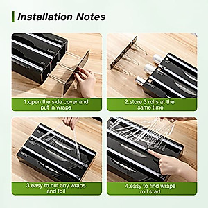 3 in 1 Acrylic Plastic Wrap Dispenser with Slide Cutter and Holder, Saran Wrap, Aluminum Foil and Parchment Paper Organizer Holder for Kitchen Drawer, Fits 12" Roll, Black