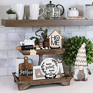 6 Pieces Farmhouse Tiered Tray Decor Items Gnomes Plush Home Sweet Home Decor Mini Signs Rolling Pin Wood Beads Garland Tiered Tray Decorations Set for Spring Summer Home Kitchen Shelf