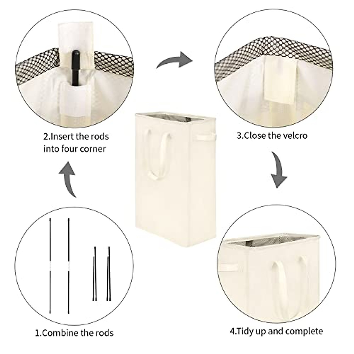 YIFAMIJOY 45L Slim Laundry Hamper, Collapsible Thin laundry Baskets with Handles, Narrow Dirty Clothes Hamper for Clothing Toys Organization Beige, 45L