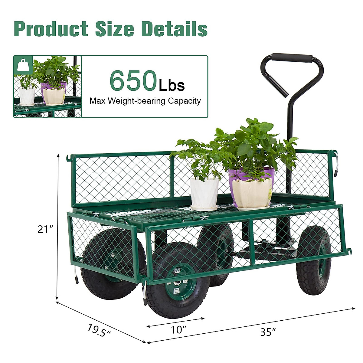 Wagon Cart Heavy Duty Garden cart with Wheels Utility Yard Wagon with Removable Sides with a Capacity of 650 lb, Green