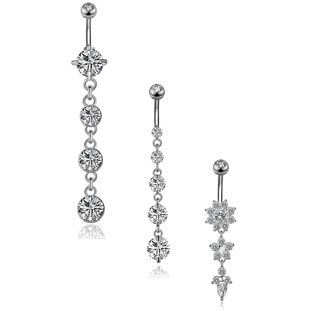 YOVORO 3PCS 14G 316L Stainless Steel Belly Button Rings for Women Navel Rings Barbell Dangle Flower CZ Body Piercing S