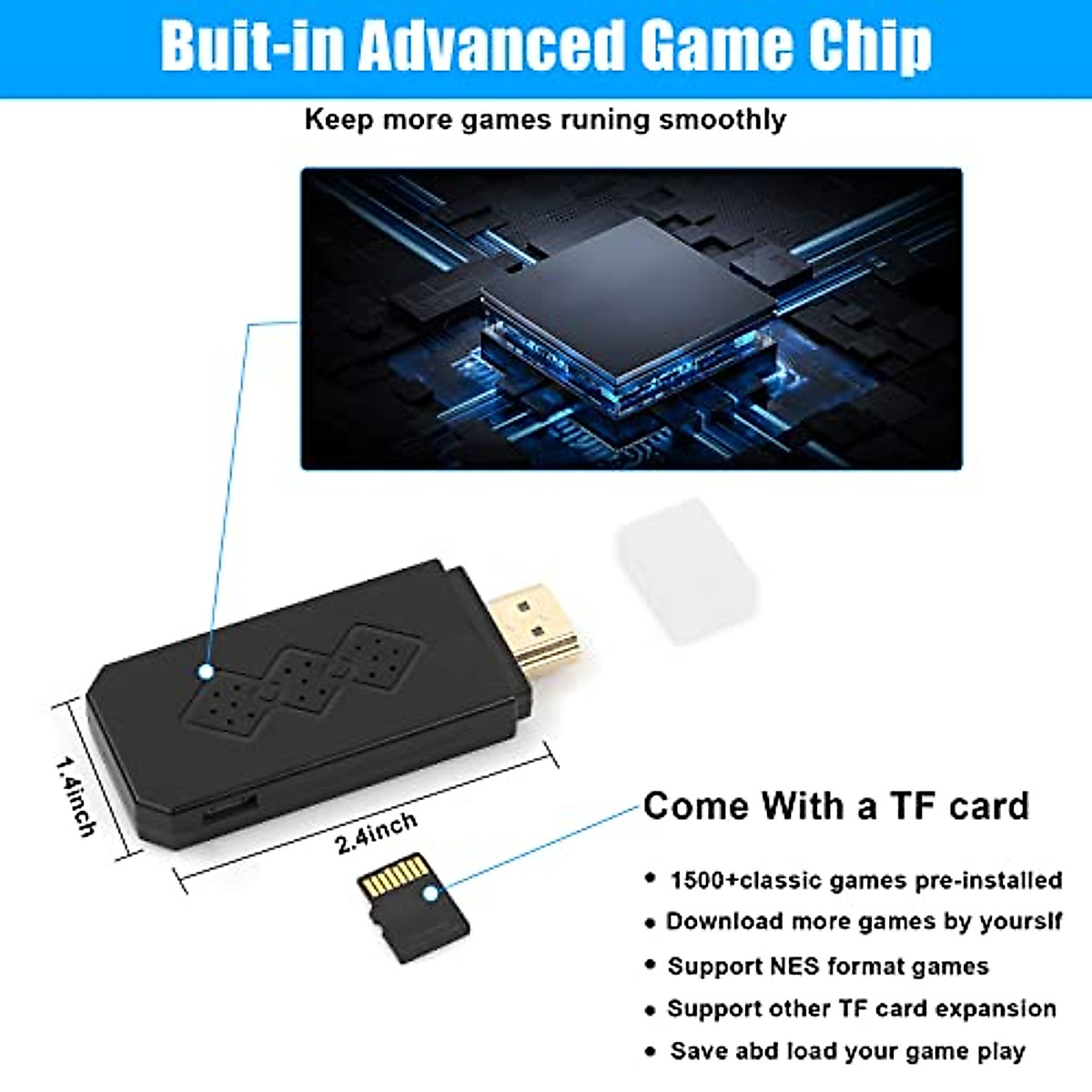 Corpower Wireless Retro Game Console, Built in 1500+ Classic Games HDMI Retro Game Stick Plug and Play Video Games for TV, with Dual 2.4G Wireless Controllers