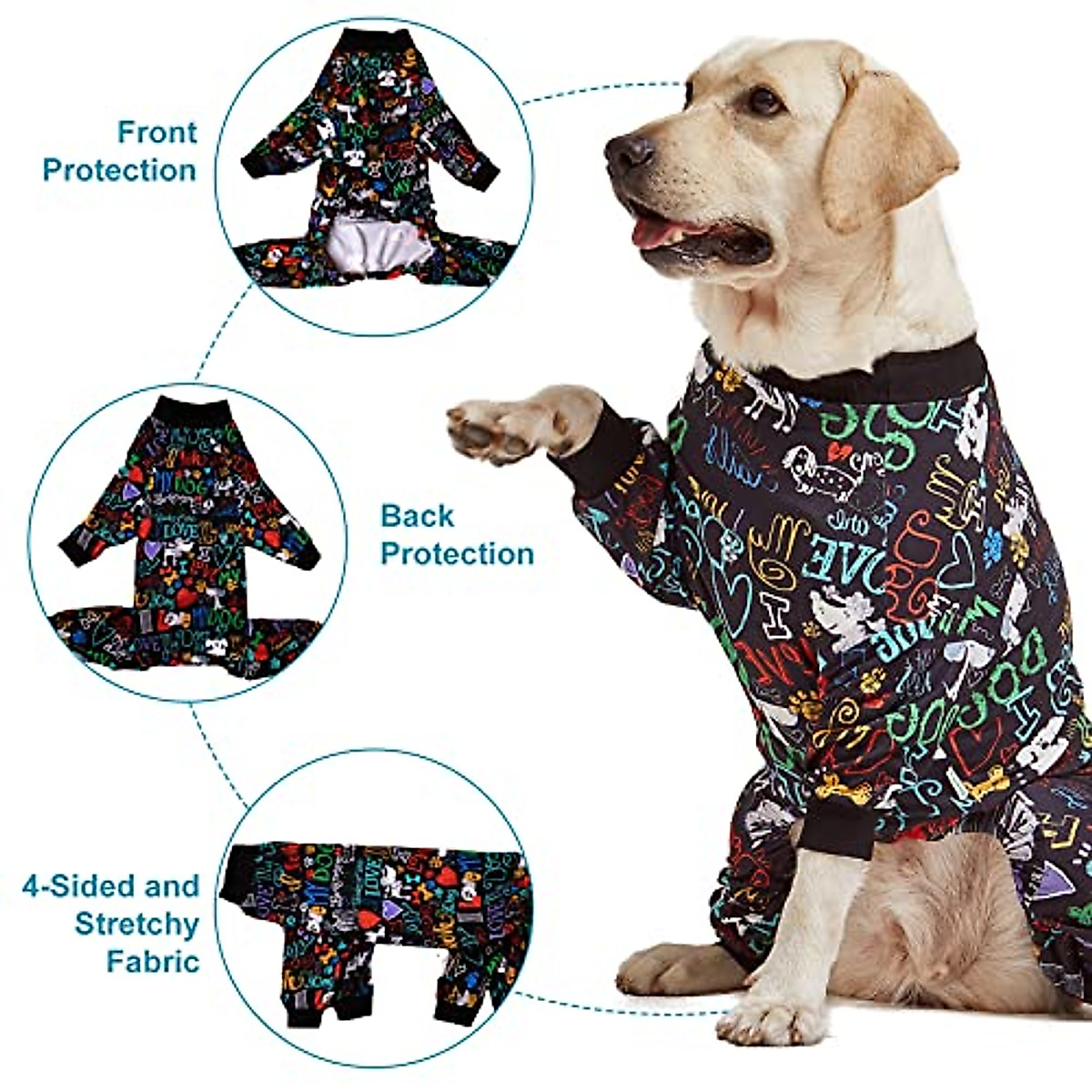 LovinPet Large Dog Pajamas, Wound Care/Post Surgery Shirt, UV Protection, Love My Dog Text on Black Print, UV Protection, Pet Anxiety Relief, Large Dog Onesies, Pet PJ's/Medium