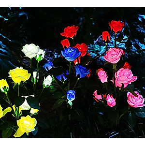 Outdoor Realistic Solar Powered Rose Flower Lights Stake,2 Pack 10 Rose Solar Garden Decorative Waterproof Lights for Backyard Patio Pathway Xmas Decoration-Blue