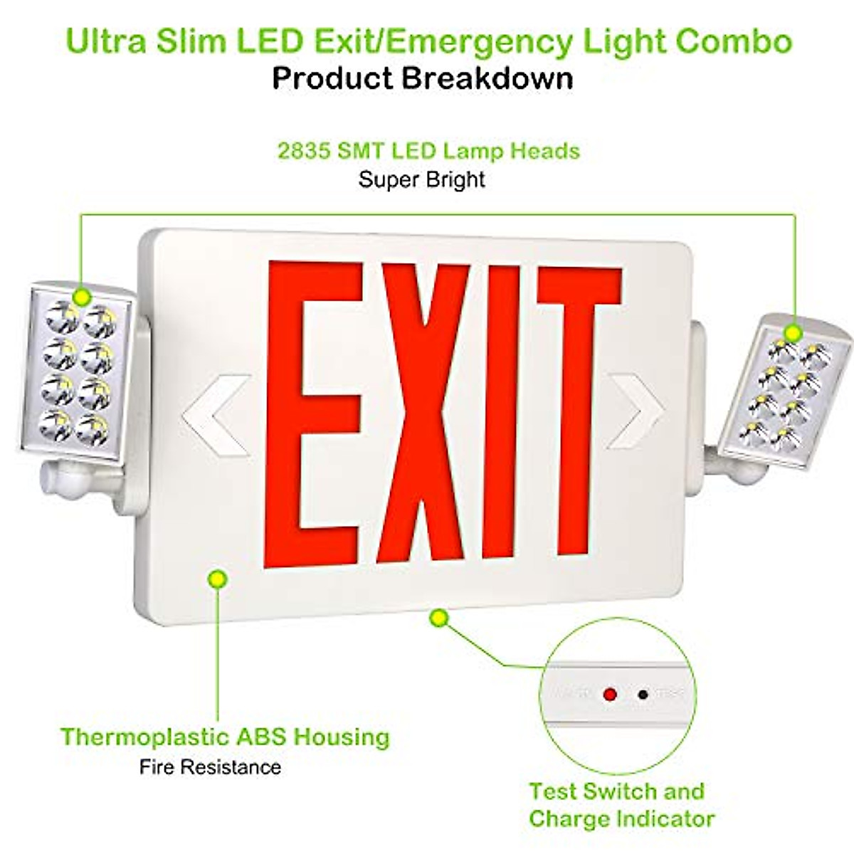 Hykolity Red Exit Sign, 120-277V Double Face LED Combo Emergency Light with Adjustable Two Head and Backup Battery - 4 Pack