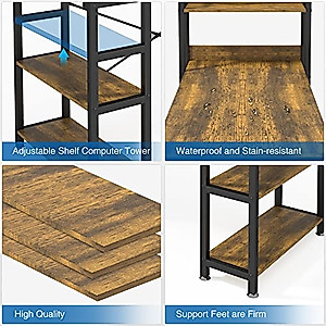 JSungo Computer Desk with 4 Tiers Shelves, 47 Inch Sturdy Table with Reversible Bookshelf for Home Office, Study Tower Desk for Small Space, Industrial Modern Style, Rustic Brown