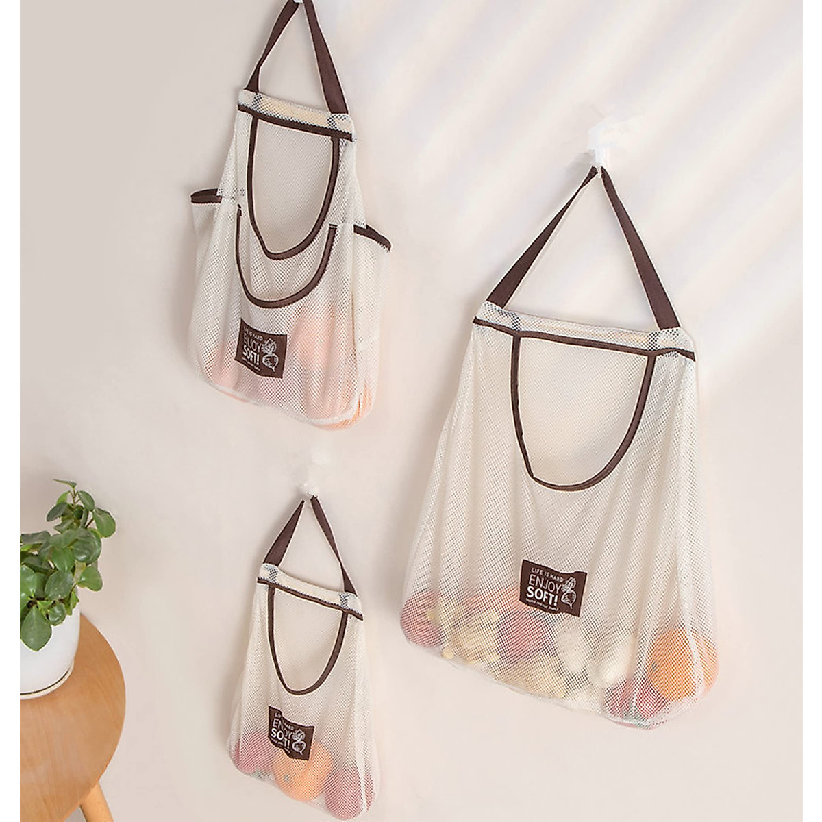 3PACK Mesh Reusable Bag Mesh Bags Hanging Storage Onion Holder Portable Washable Cotton Mesh String Organic Organizer|Mesh produce bags|Eco friendly Over the Door Pantry Organizer (3PACK-Beige)