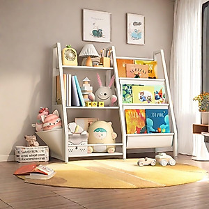 infurnic Kids Bookshelf and Toy Organizer with Extra Pocket, Book Shelf for Kids Rooms,2 in 1 Nursery Book Shelves, Toddler Bookshelf Montessori Bookshelf and Kids Book Shelf (White)