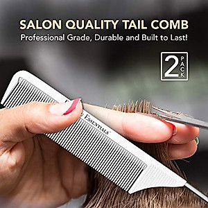 8.8 Inch White Metal Tail Comb (2 Pack) Carbon Fiber and Stainless Steel Pintail | Lightweight | Rat Tail Styling Combs for all Hair Types | Fine Tooth Teasing Comb Set (White 2 Pack)