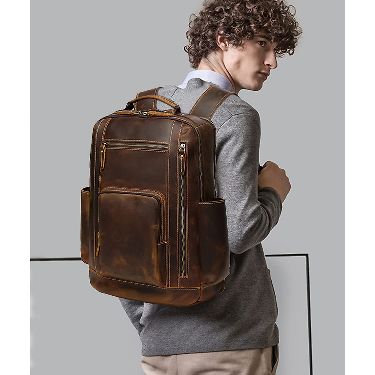 LANNSYNE Men's Vintage Full Grain Leather Backpack for 16" Laptop Travel Hiking Camping Rucksack