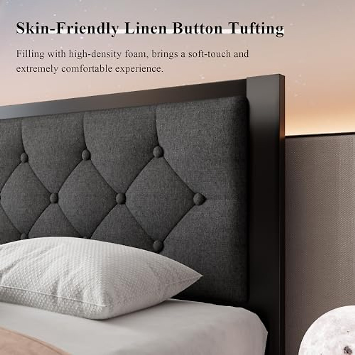 Feonase Twin Size Metal Bed Frame with Linen Upholstered Headboard, Heavy-Duty Platform Bed Frame with 12" Storage, Steel Slats Support, No Box Spring Needed, Gray