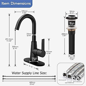 Phiestina Single Hole Matte Black Single-Handle 4 Inch Bathroom Sink Faucet with Deck Plate and Supply Hoses, Bar Sink Faucet/Pre-Kitchen Sink Faucet with 360° Rotation Spout, WE10E-MB
