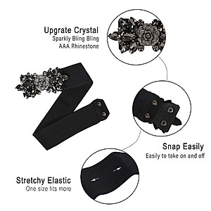 Dorchid Women Retro Belts Rhinestone Cummerbunds Floral Crystal Interlocking Waistband Stretch belt for Female (Black, S-M(26~31"))