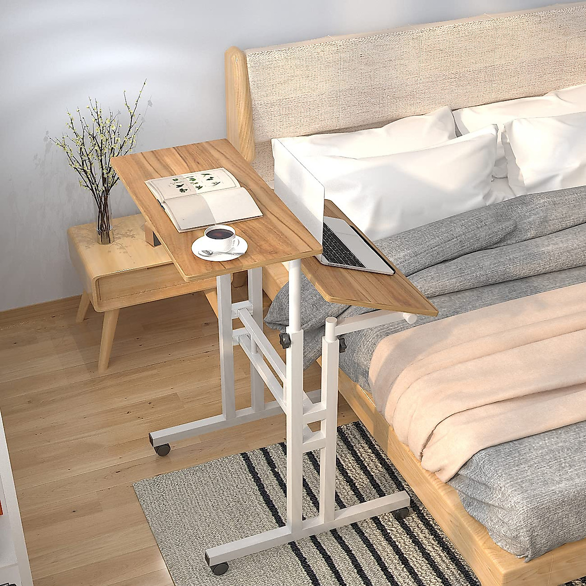 DlandHome Mobile Standing Desk Stand Up Desk Rolling Desk, Stand Sit Desk Mobile Computer Desk Adjustable Standing Desk 23.6inches Table Workstation Mobile Desk Cart Tray Oak