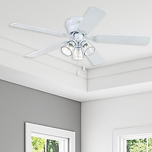 Portage Bay Ceiling 52" Renton White Indoor Fan with Clear 3 Light LED Multi Arm E26/B11 Bulb and Pull-Chains, Traditional Style, 5 Reversible Gray Oak Blades, 51441, 52 Inch