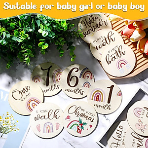 16 Pieces Wooden Baby Monthly Milestone Cards Baby Monthly Milestone Marker Discs Double Sided Monthly Milestone Wooden Circles Baby Months Signs for Baby Shower Newborn Photo Props(Rainbow)