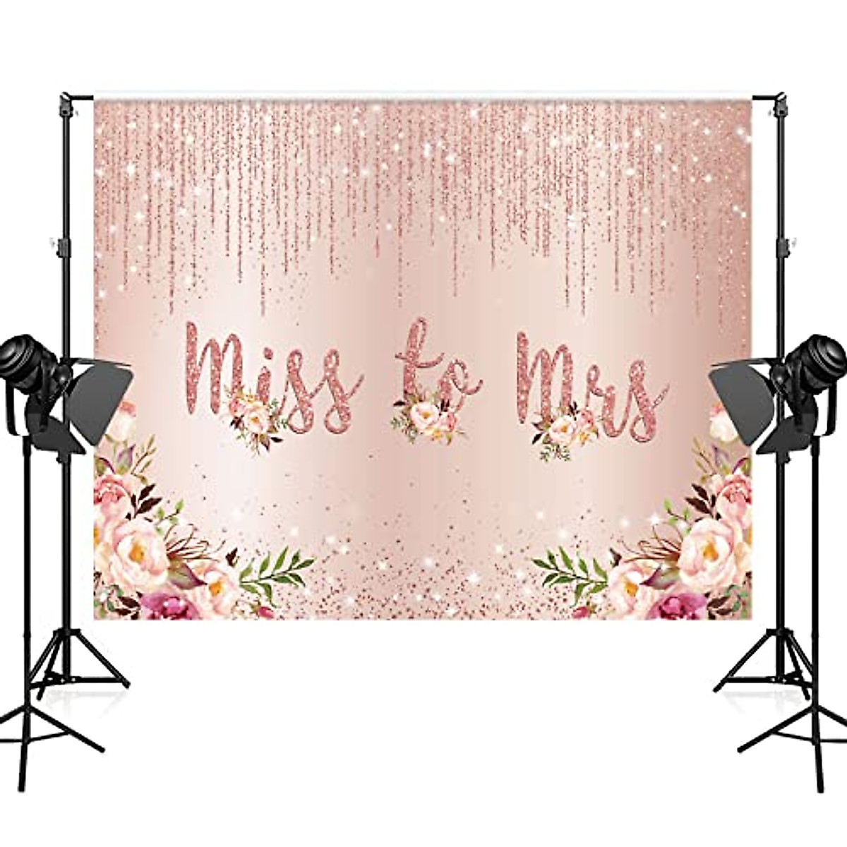 Maijoeyy 7x5ft Rose Gold Miss to Mrs Backdrop Golden Glitter Pink Floral Bridal Shower Backdrop for Pictures Wedding Shower Bride to Be Engagement Backdrop for Party Decorations Banner