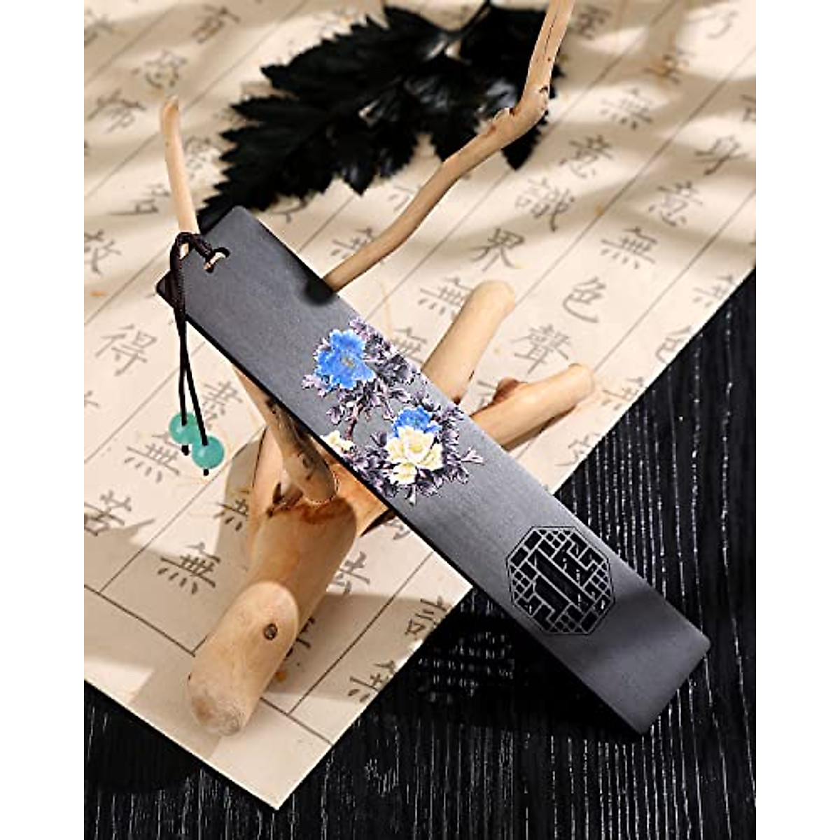 Melyaxu Handmade Natural Color Wooden Bookmark with Tassel - Peony Flower
