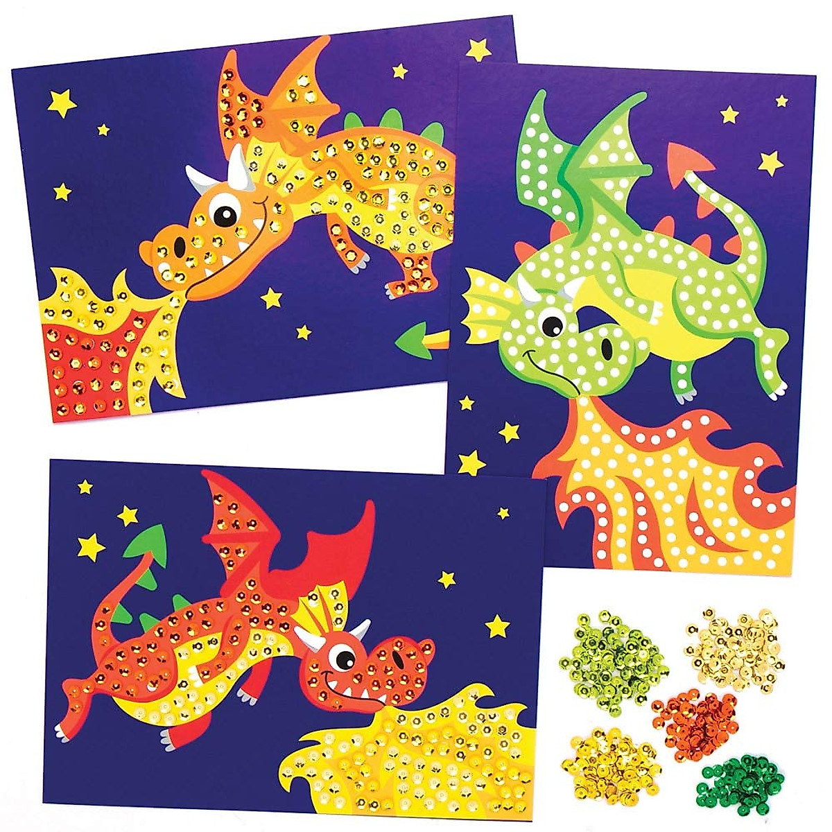 Baker Ross AT748 Dragon Sequin Picture Kits, for Kids Arts and Crafts Projects (Pack of 4), Assorted