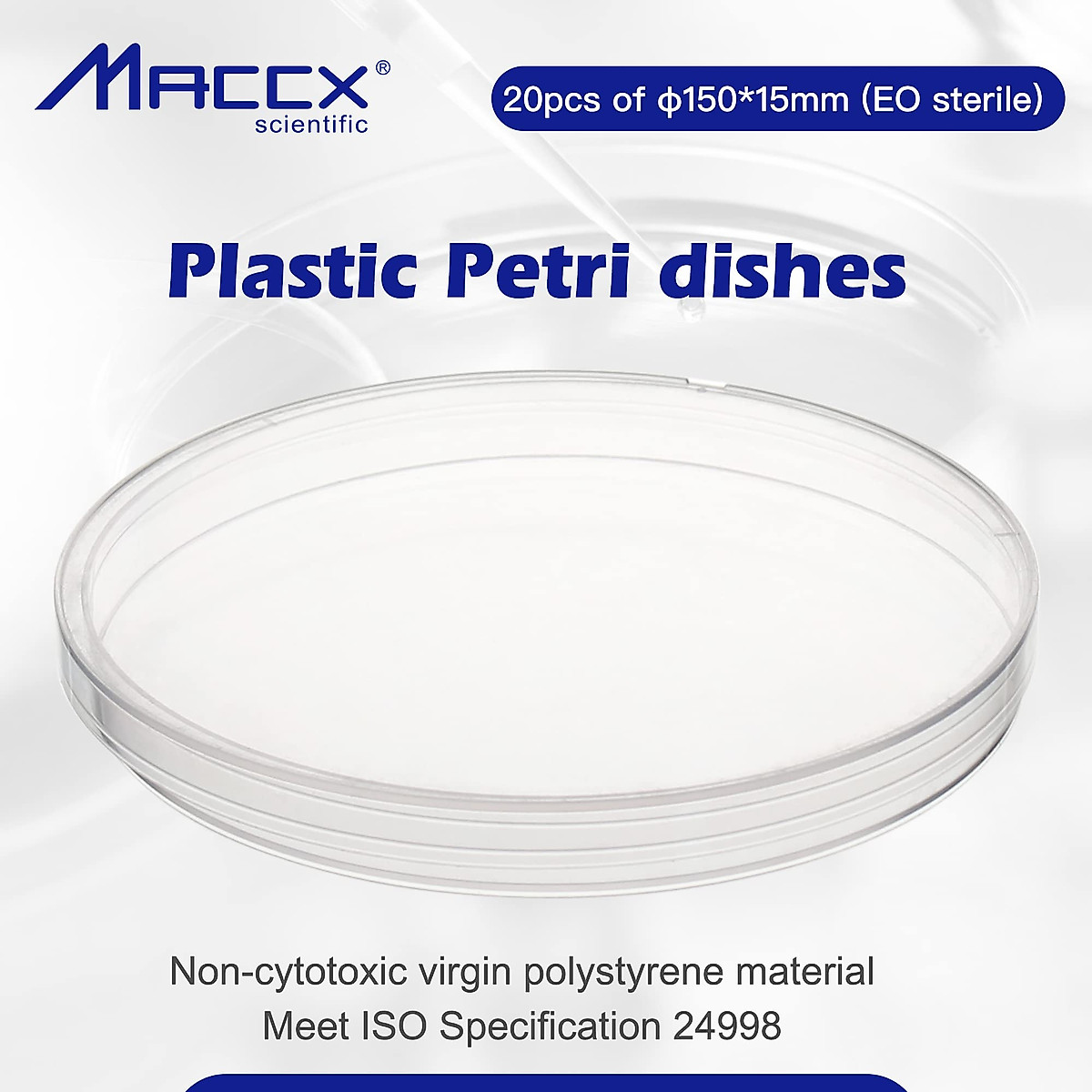 Maccx Sterile Plastic Petri Dishes with Lid, 20 PCS of Dia.150mm*15mm Clear Petri Plate, with 3 Vents for Classroom, Laboratory, Science Party, PPD150-020