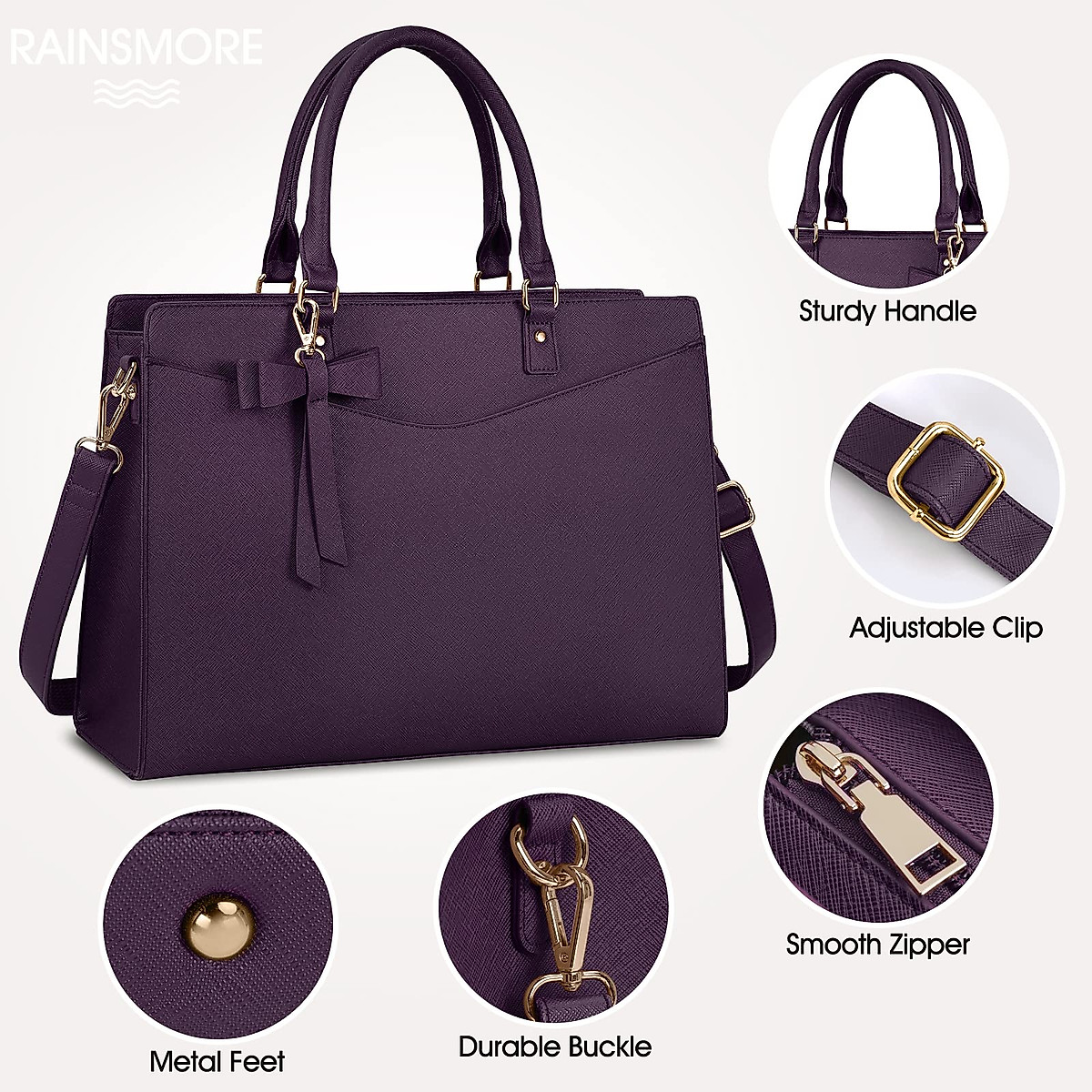 RAINSMORE Laptop Bag for Women 15.6 Inch PU Tote Bag Business Work Bag Waterproof Briefcase Computer Tote Lightweight Handbag Shoulder, Dark Purple