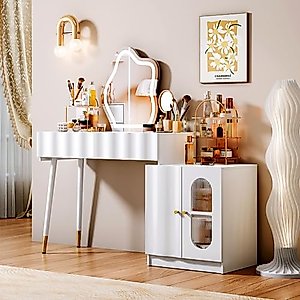 Chrangmay Modern Vanity Desk with Mirror and LED Lights,Retractable Makeup Vanity with 2 Wave Drawers & Cabinet,Writing Desk,for Bedroom,Bathroom, Gift for Girls and Women,White